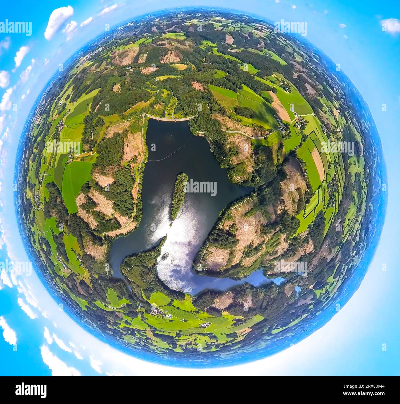 Aerial view, Ennepetalsperre with dam, meadows and fields, globe ...