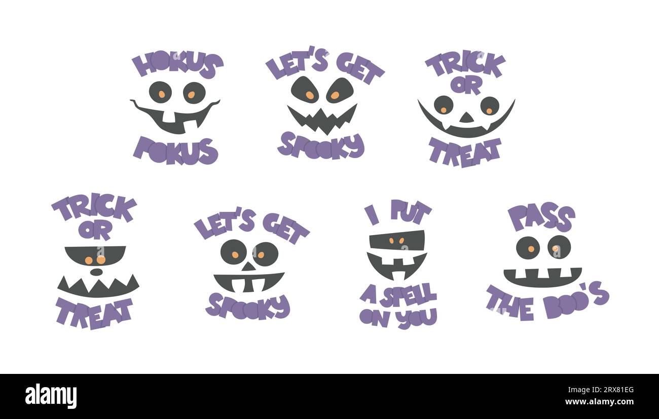 Set of scary monster faces, quotes. Vector black carving ghost masks ...