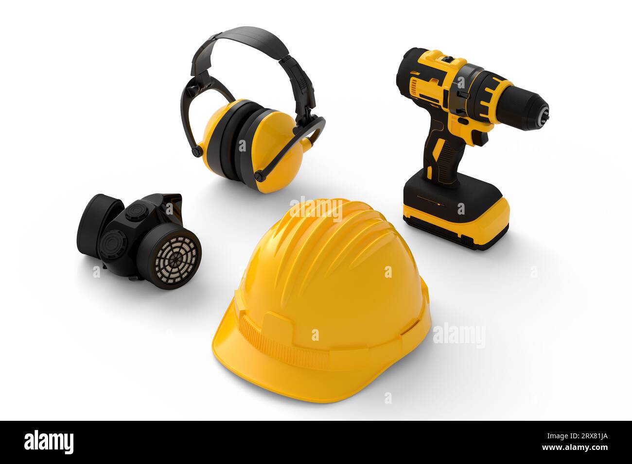 Flying view of yellow construction tools for repair and installation on ...