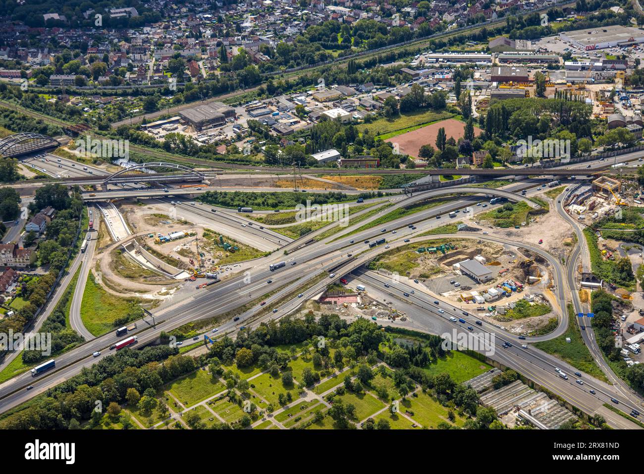 Aerial view, construction site freeway junction Herne, freeway A43 and ...