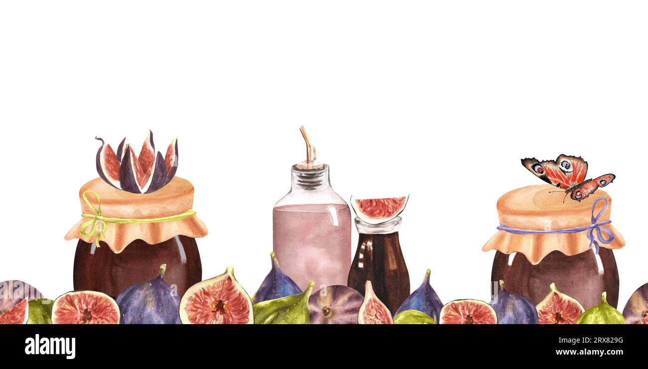 Hand-drawn watercolor illustration. Seamless border with glass jars and ...