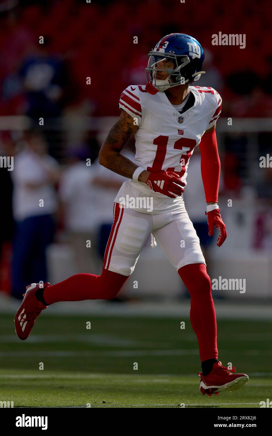 New York Giants wide receiver Jalin Hyatt (13) warms up during an NFL ...