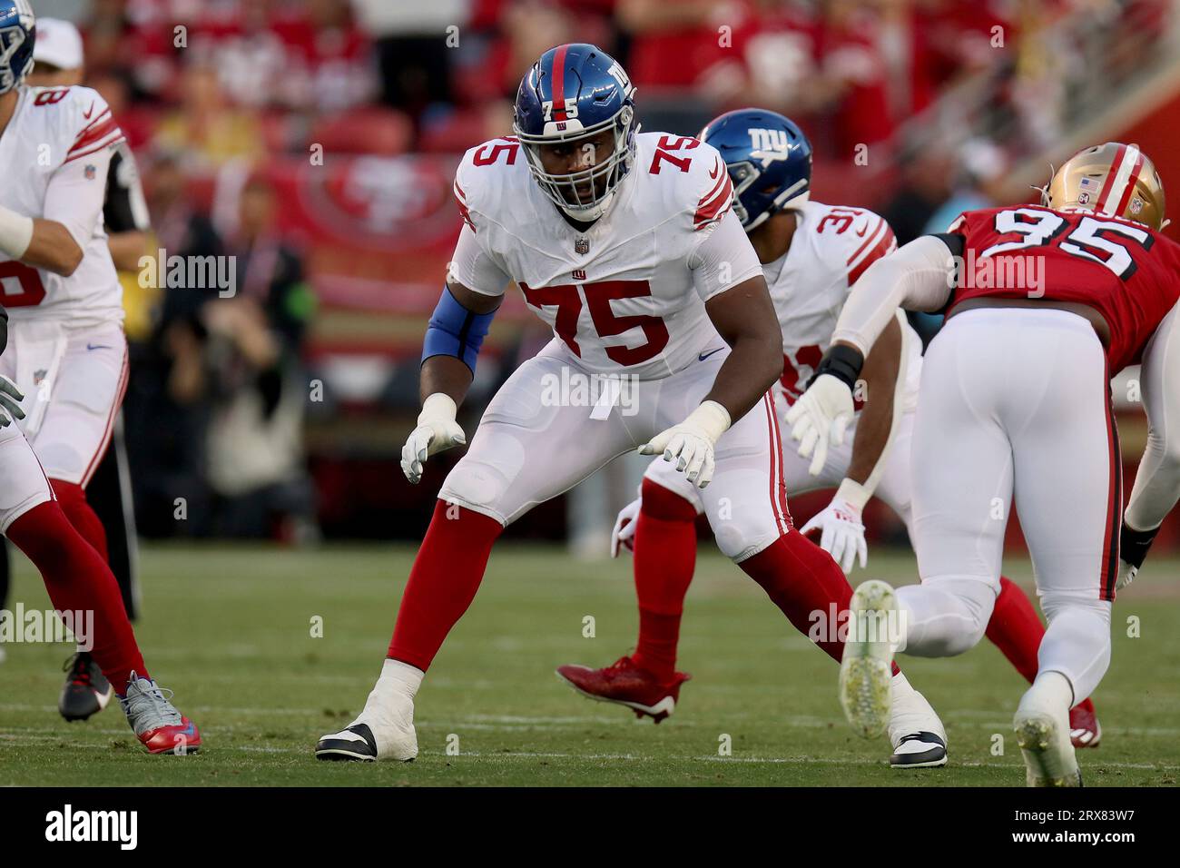 New York Giants guard Joshua Ezeudu (75) blocks during an NFL football ...