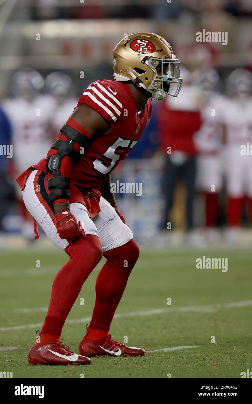 San Francisco 49ers linebacker Dre Greenlaw (57) looks into the ...