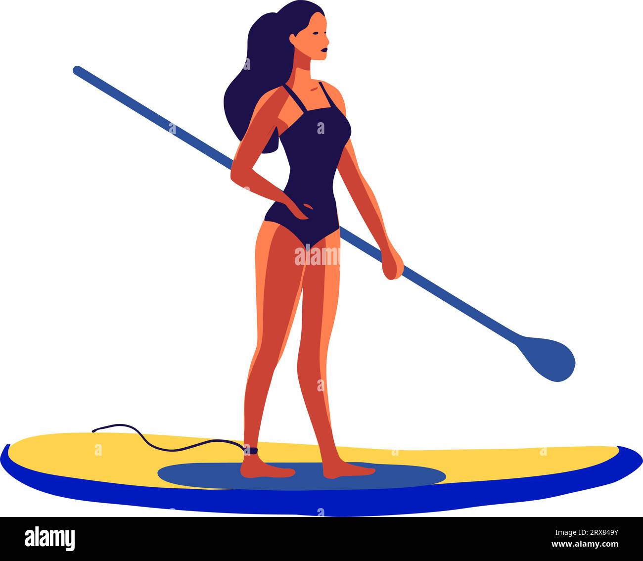 Young woman in a swimsuit swimming on a SUP board vector flat illustration vacation outdoor ...