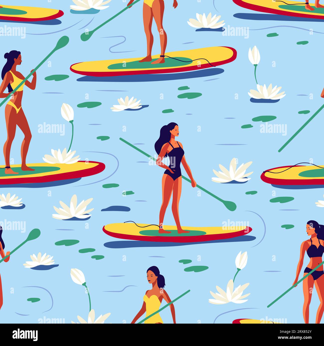 Woman on a SUP board on the lake among water lily flowers SUP boarding sports summer seamless ...