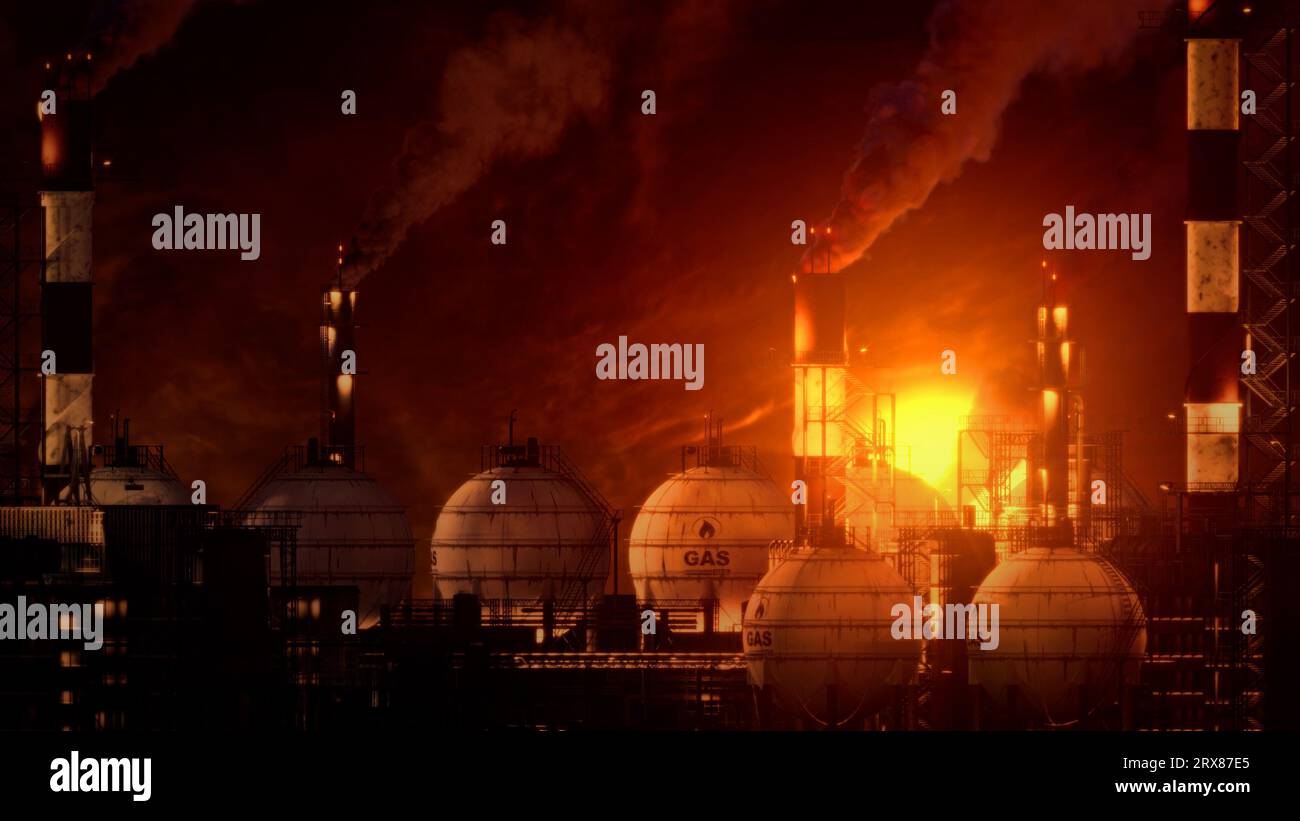 flammable natural gas or LNG storage tanks on refinery plant or ...