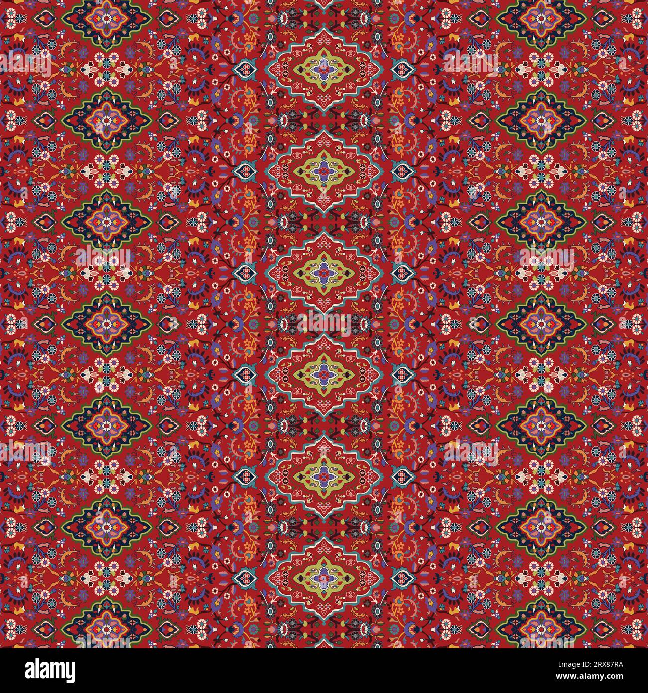 A vibrant red and blue indian mughal inpspired pattern against a bold ...