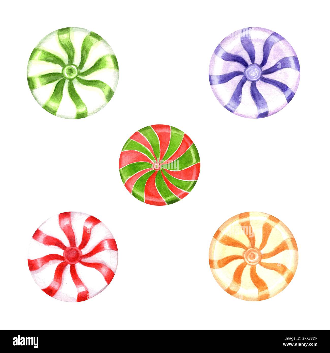 Set of glossy candies, lollipops with red, green, blue, yellow swirl ...