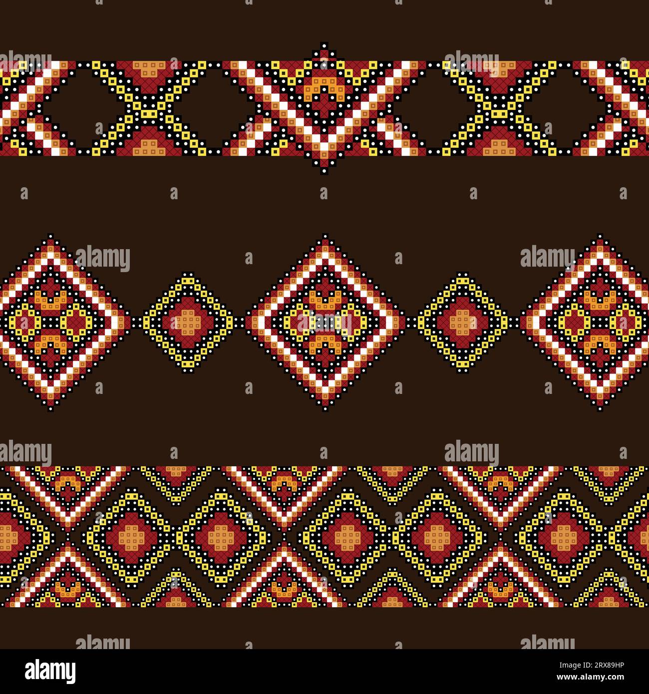 A colorful cross stitch pattern in red, yellow, and brown threads, repeated seamless border ...