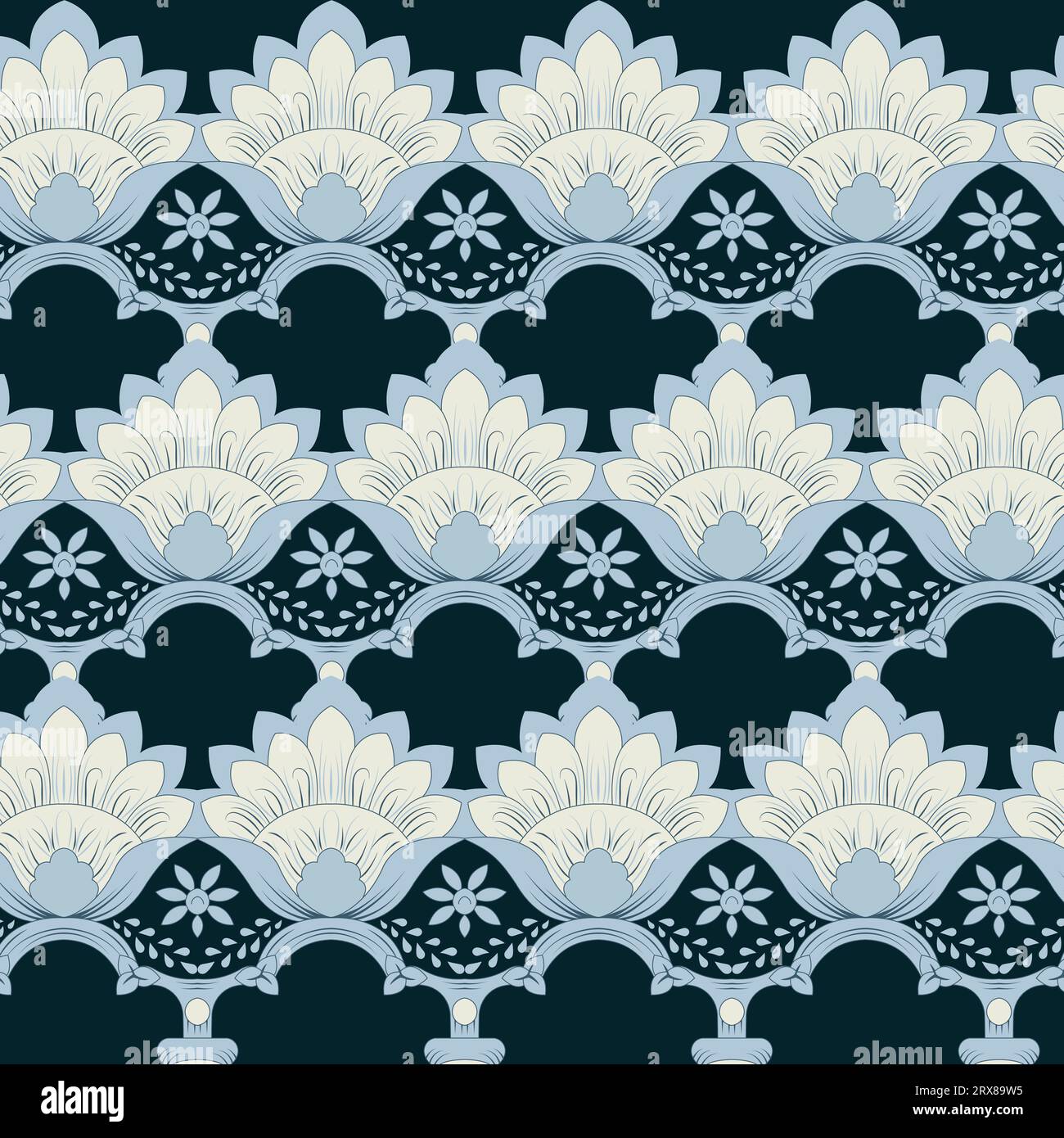 A beautiful blue and white floral wallpaper design, repeated seamless pattern, border Stock ...