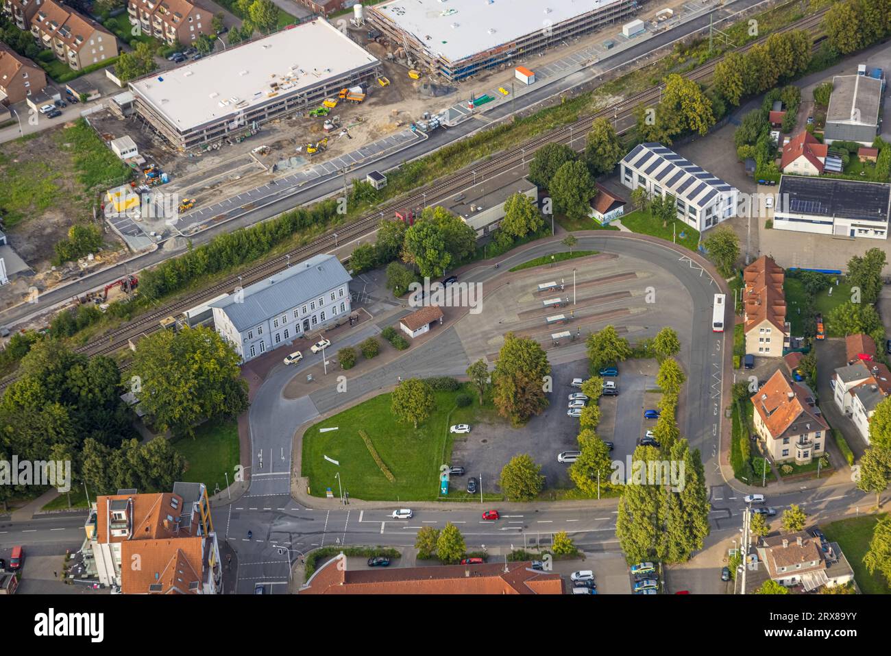 Aerial view, parking lot and bus station at Werl train station, Werl ...