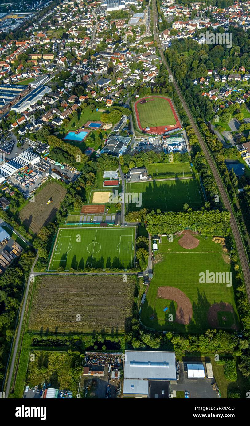 Aerial view, Buchgeister Stadium, Werl leisure pool with bathers, Werl ...