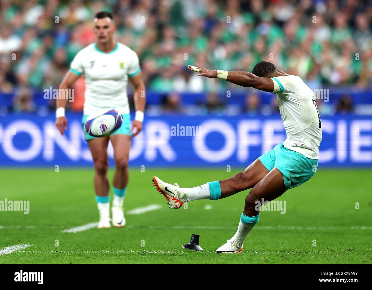 South Africa's Manie Libbok takes a penalty kick but fails to score ...