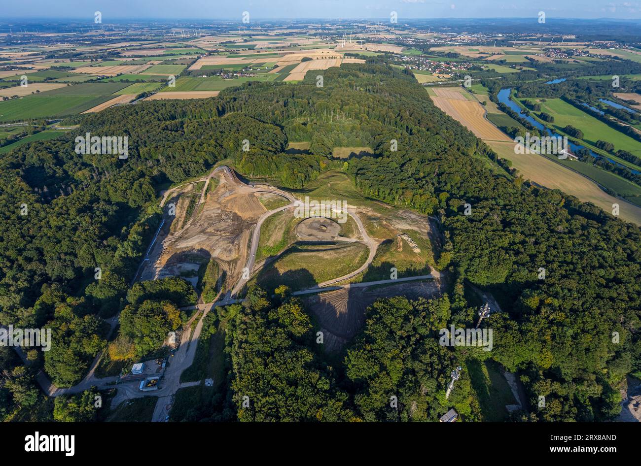 Aerial view, construction site and new building observation tower in ...