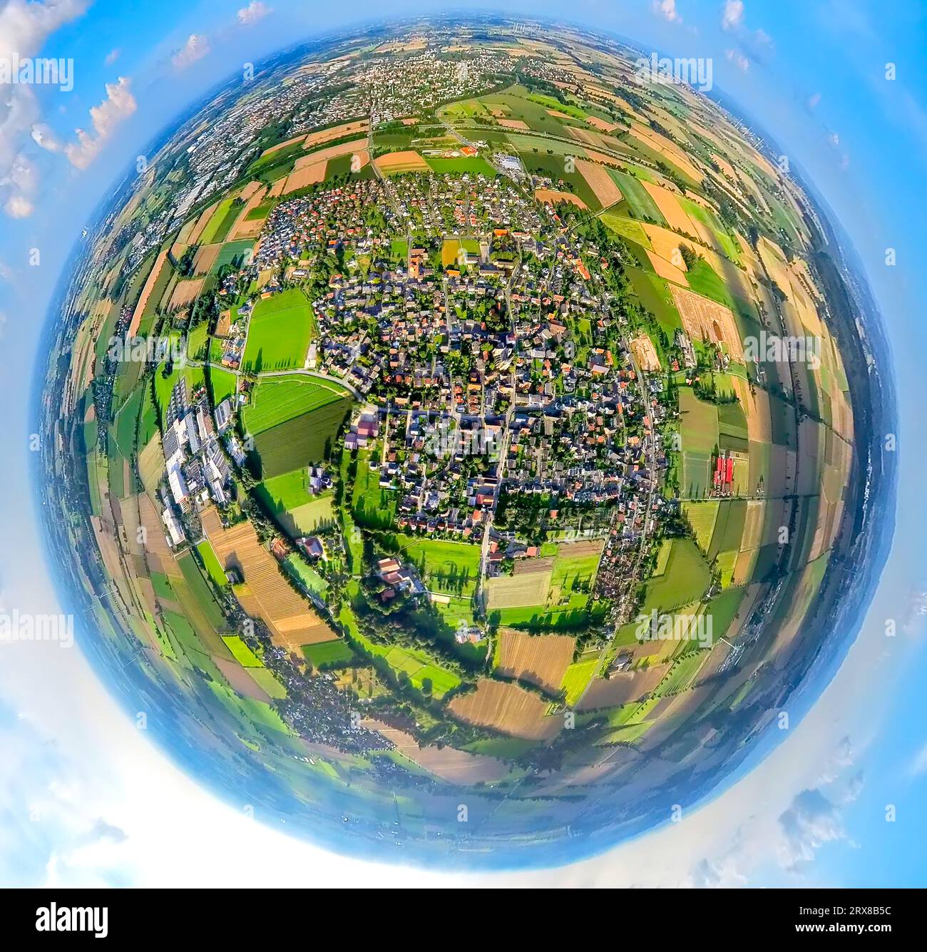 Aerial view, village Werl-Büderich, surrounded by meadows and fields ...