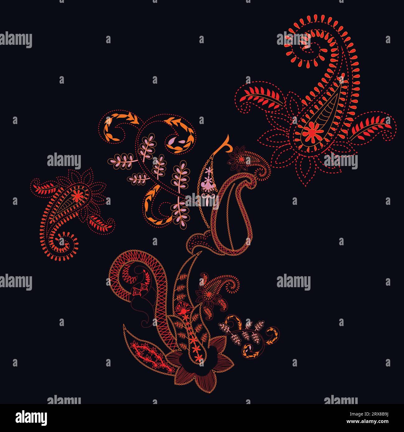 Red and orange intract abstract and paisley designs on a black ...