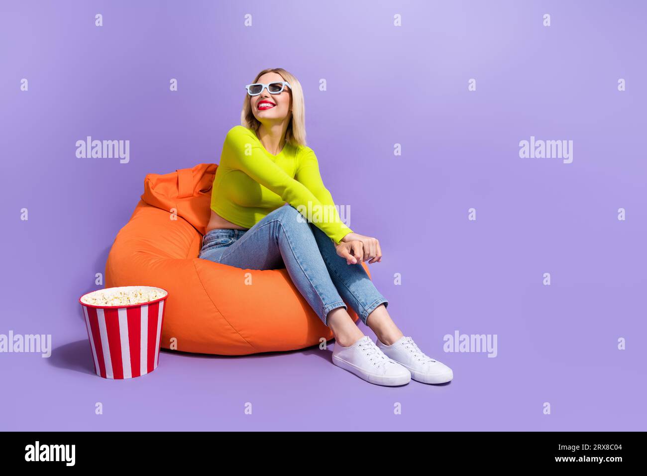 Photo of adorable ute pretty girl wear stylish bright clothes sitting ...