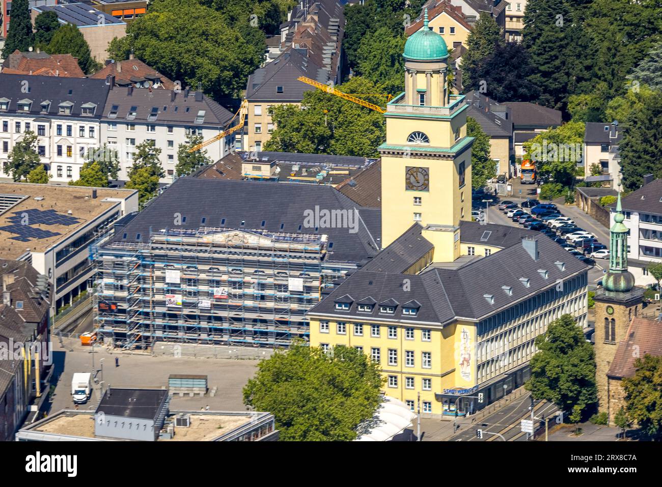 Aerial view, town hall and construction site with renovation, Witten ...