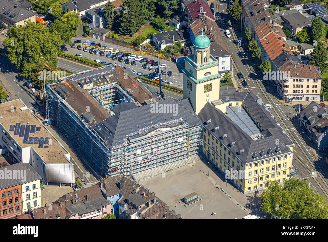 Aerial view, town hall and construction site with renovation, Witten ...