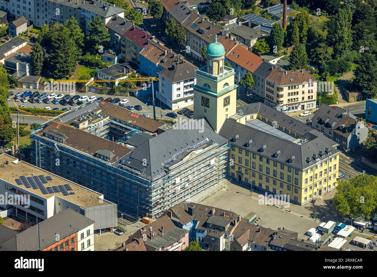 Aerial view, town hall and construction site with renovation, Witten ...