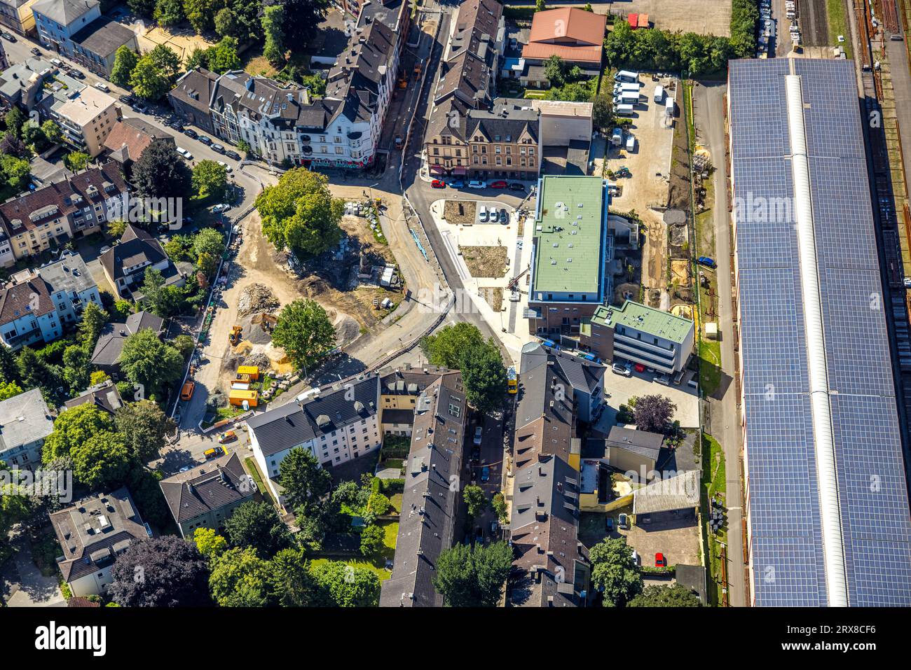 Aerial view, Karl-Marx-Platz construction site, multigenerational house ...