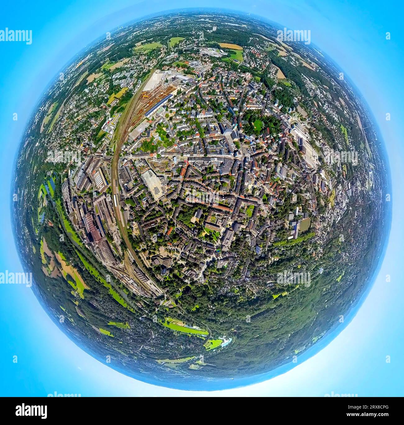 Aerial view, city center with town hall, globe, fisheye shot, 360 ...