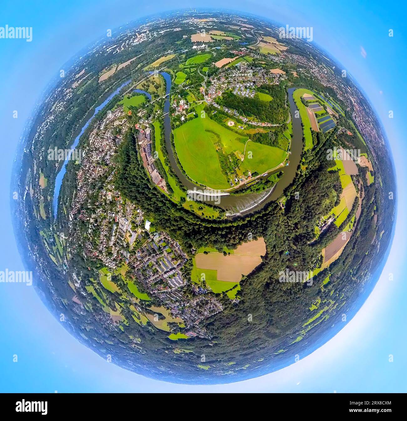 Aerial view, river Ruhr bend with weir, lock keeper house and lock ...