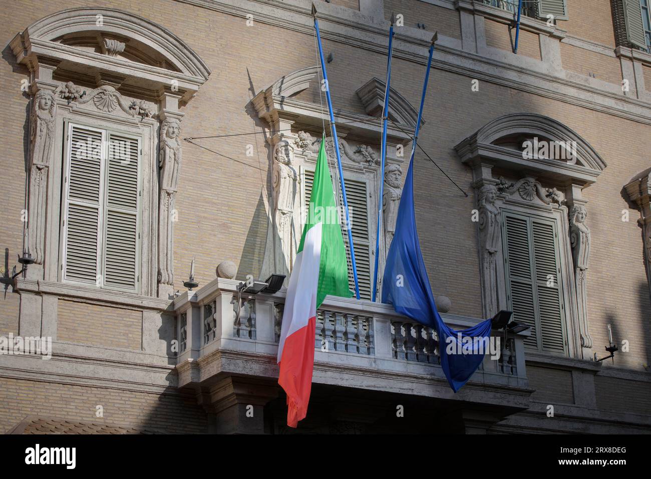 Rome, Italy. 23rd Sep, 2023. The Italian and European flags displayed ...