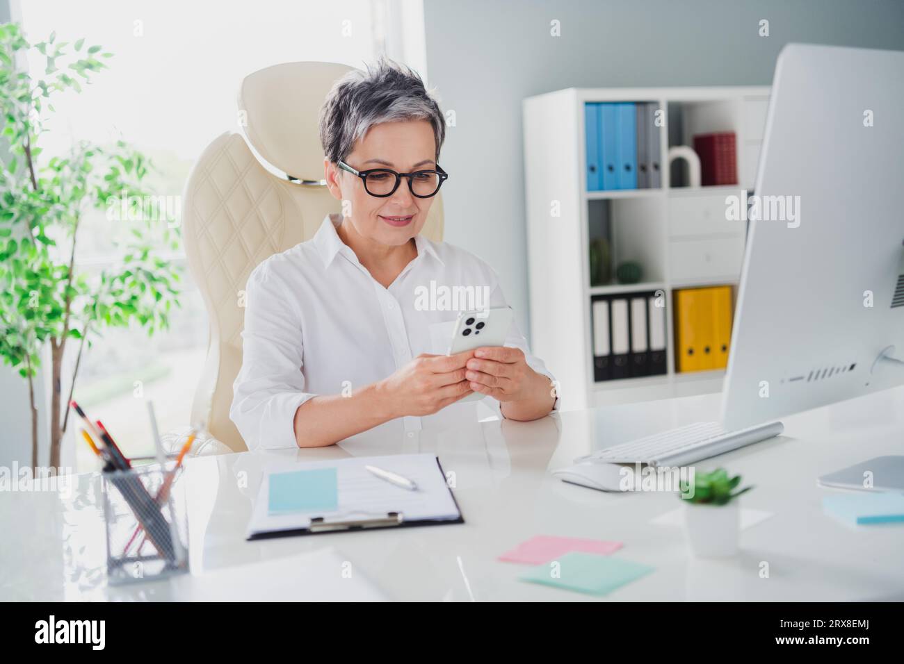 Photo of businesswoman expert law agency check new friends requests ...