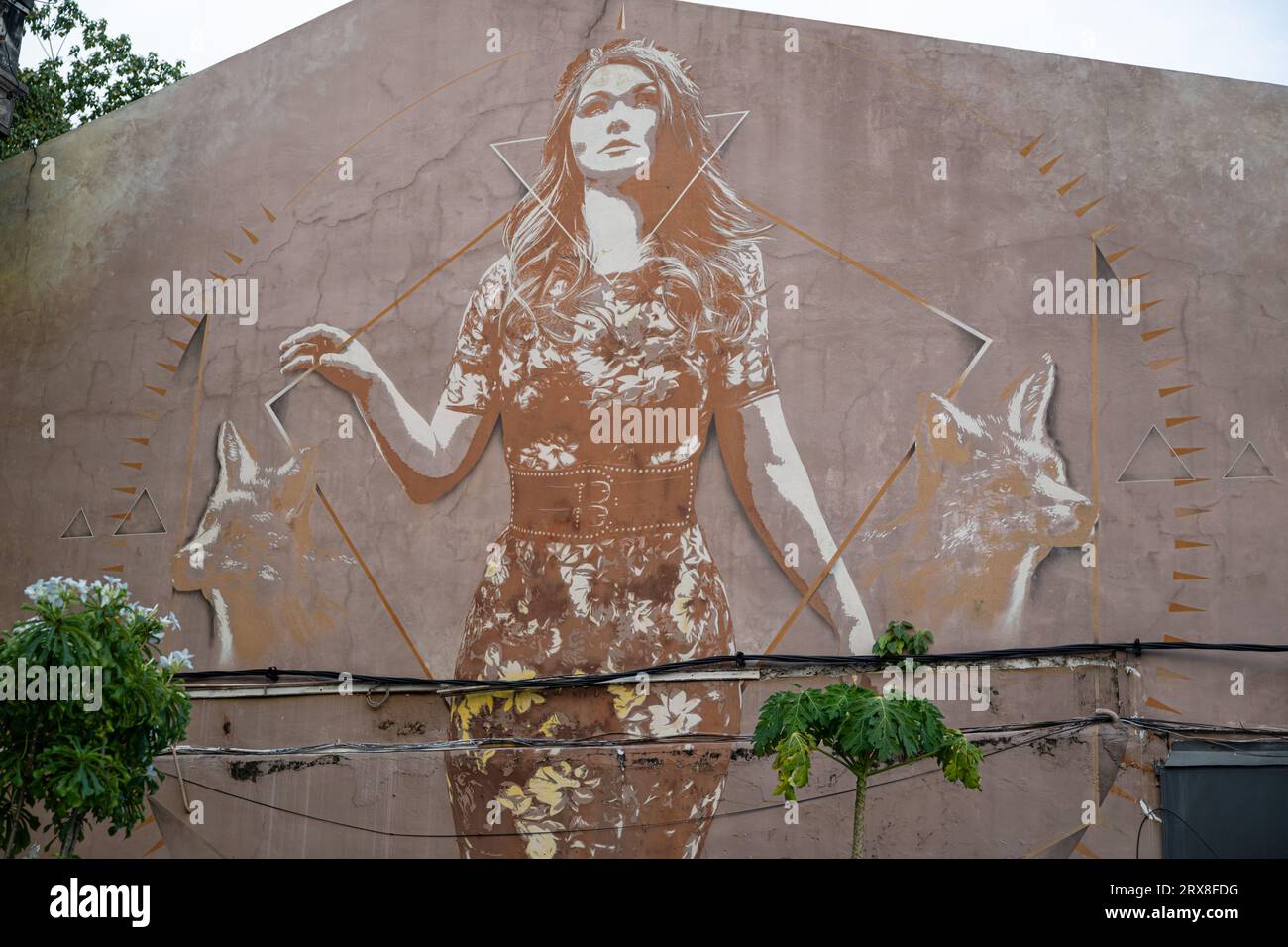 Woman with Two Wolves Penang Street Art, Pulau Pinang, Malaysia Stock ...