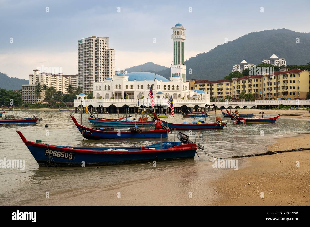 Penang Floating Mosque with boats in the foreground, Penang, Malaysia ...
