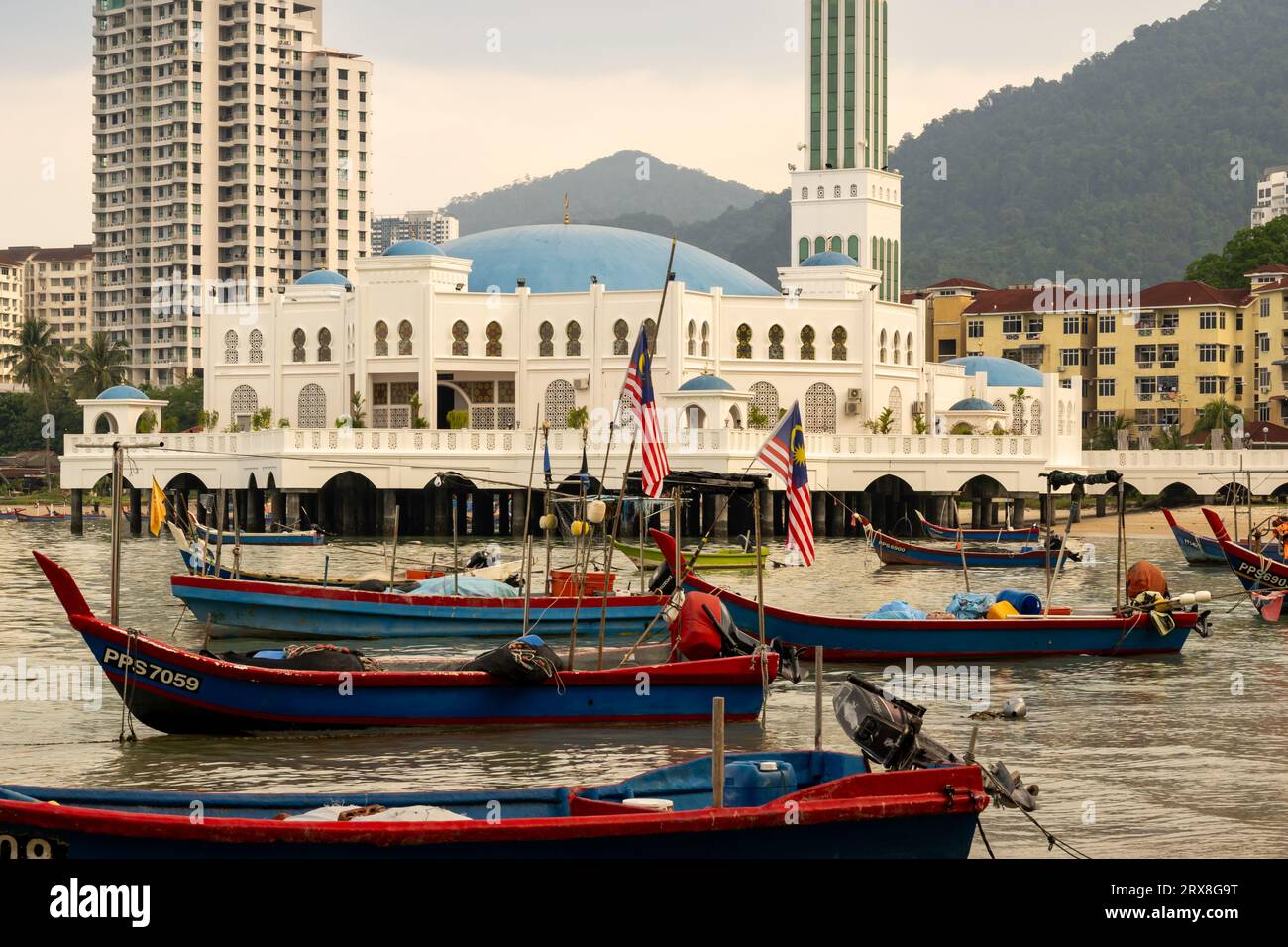 Penang Floating Mosque with boats in the foreground, Penang, Malaysia ...