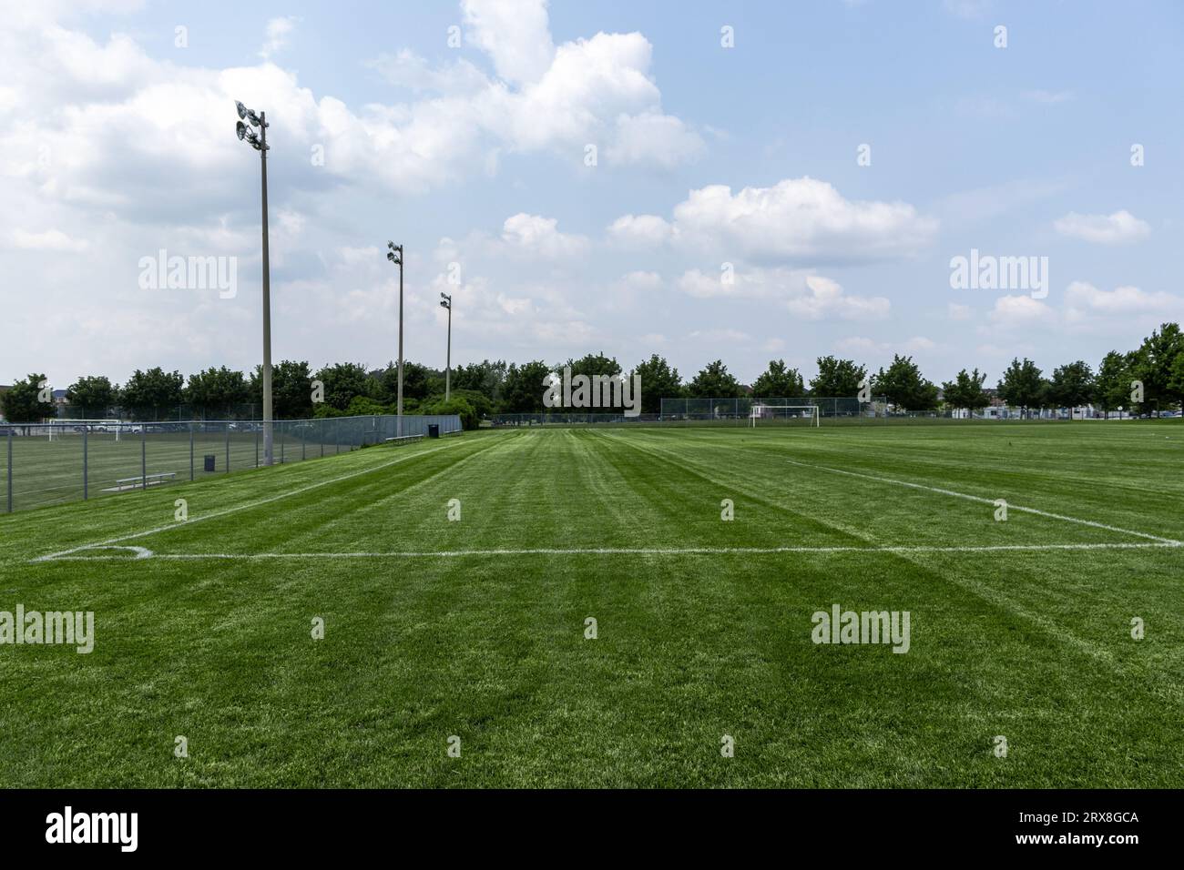 Empty soccer field with blue sky - trees in background Stock Photo - Alamy