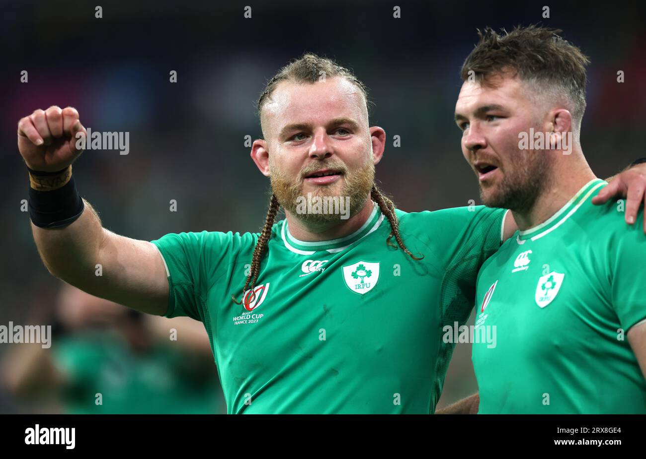 Ireland's Finlay Bealham (left) and team-mate Peter O'Mahony celebrate ...