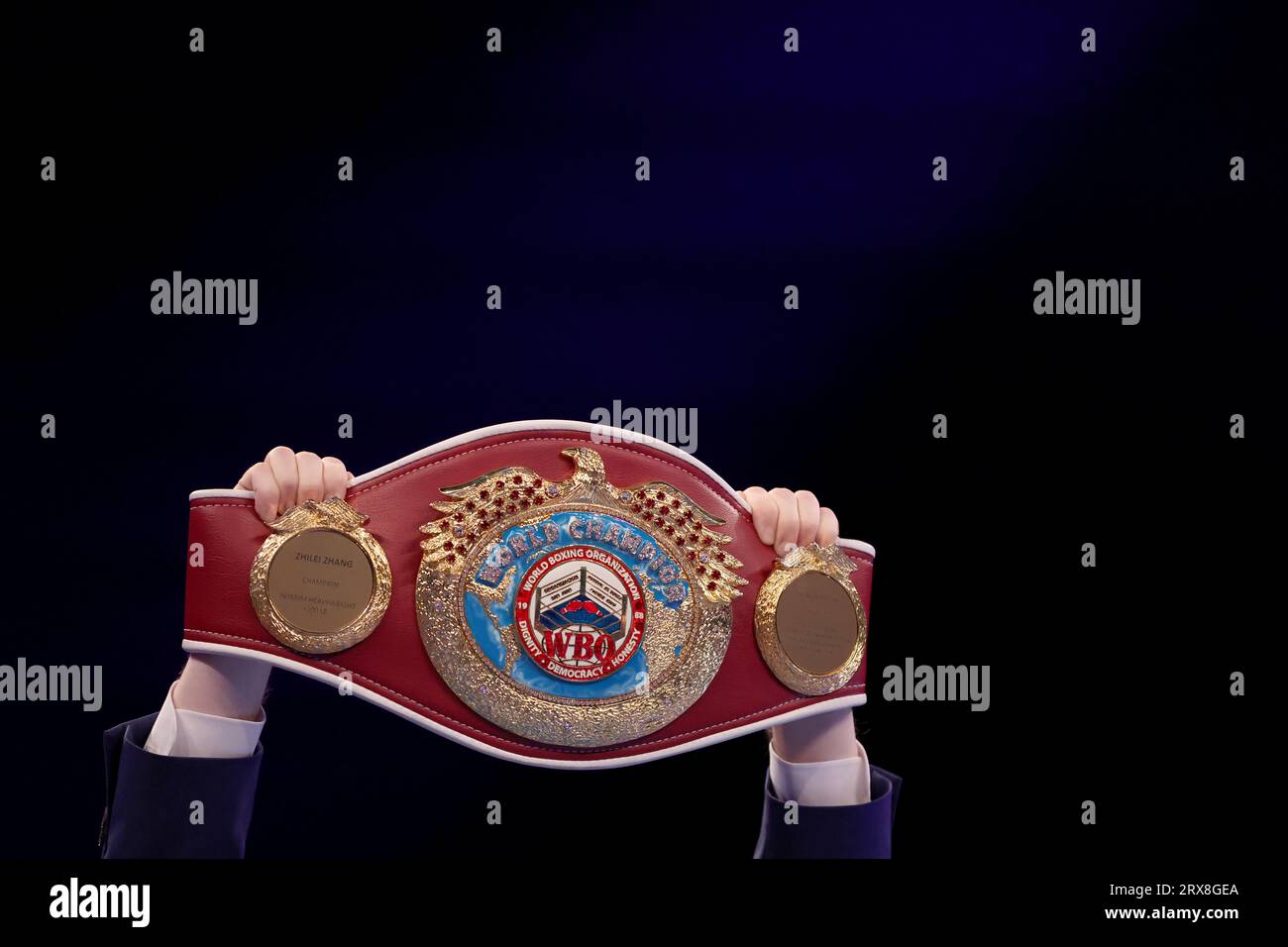 The belt for the WBO 'Interim' Heavyweight Title between Zhilei Zhang ...