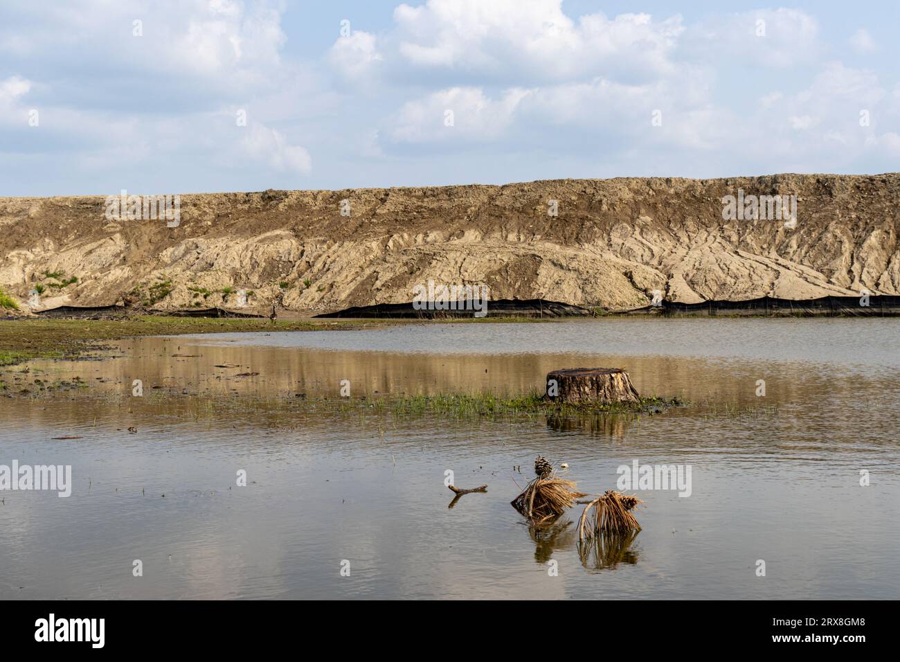 Lake with island and tree stump - rocky cliff with sedimentary layers ...