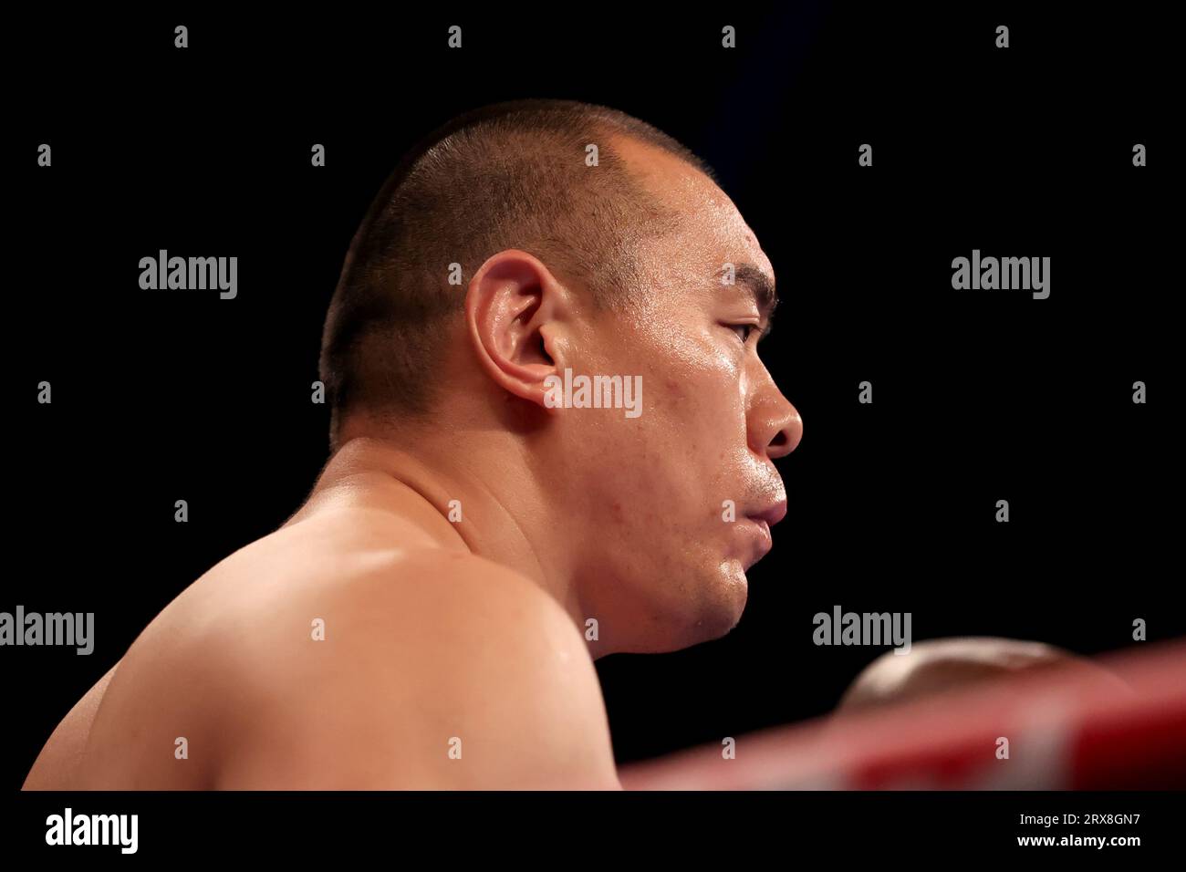 Zhilei Zhang looks on during the WBO 'Interim' Heavyweight Title at the ...