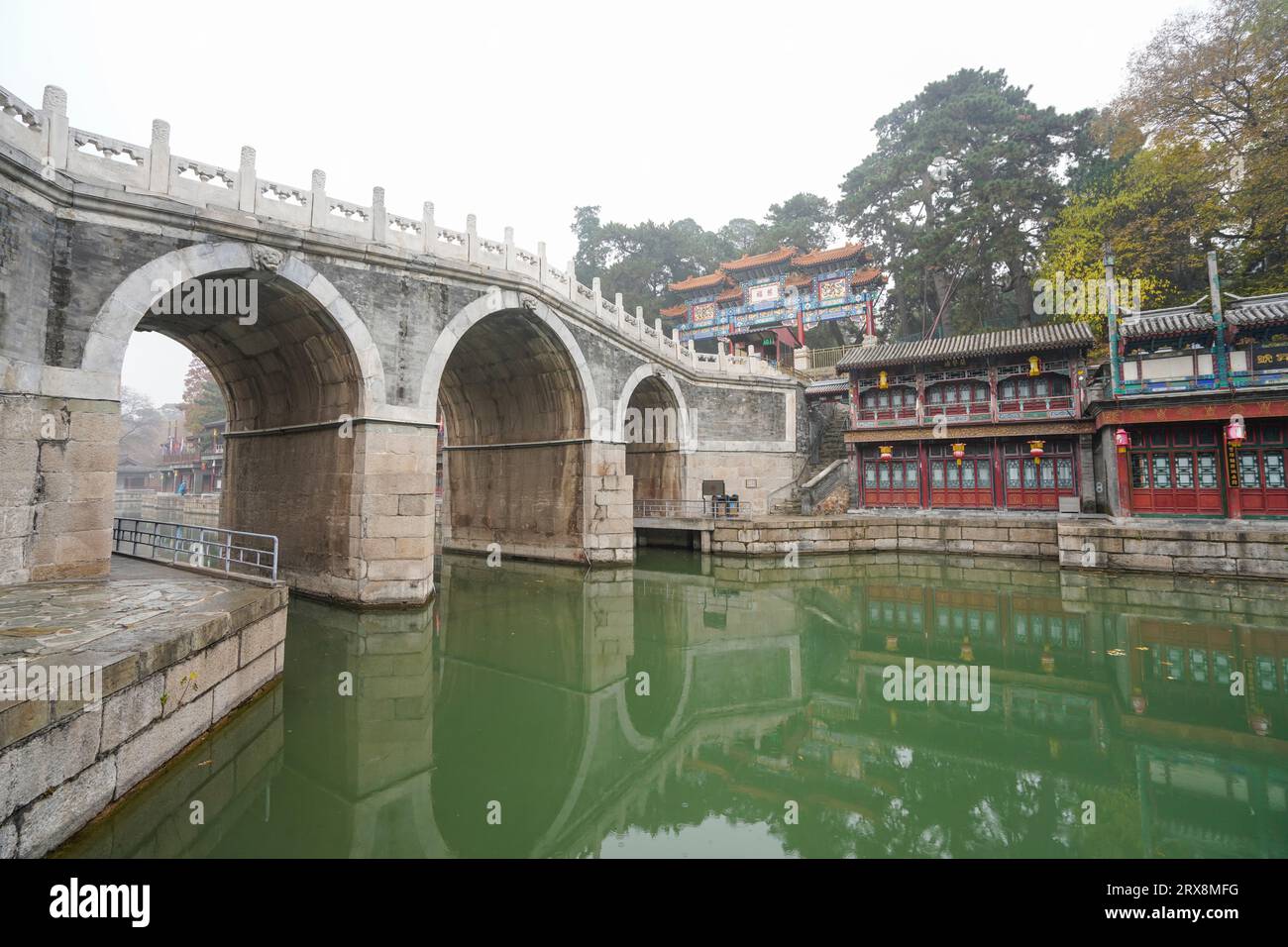 Three hole stone bridge, Suzhou Street, Summer Palace, Beijing Stock ...