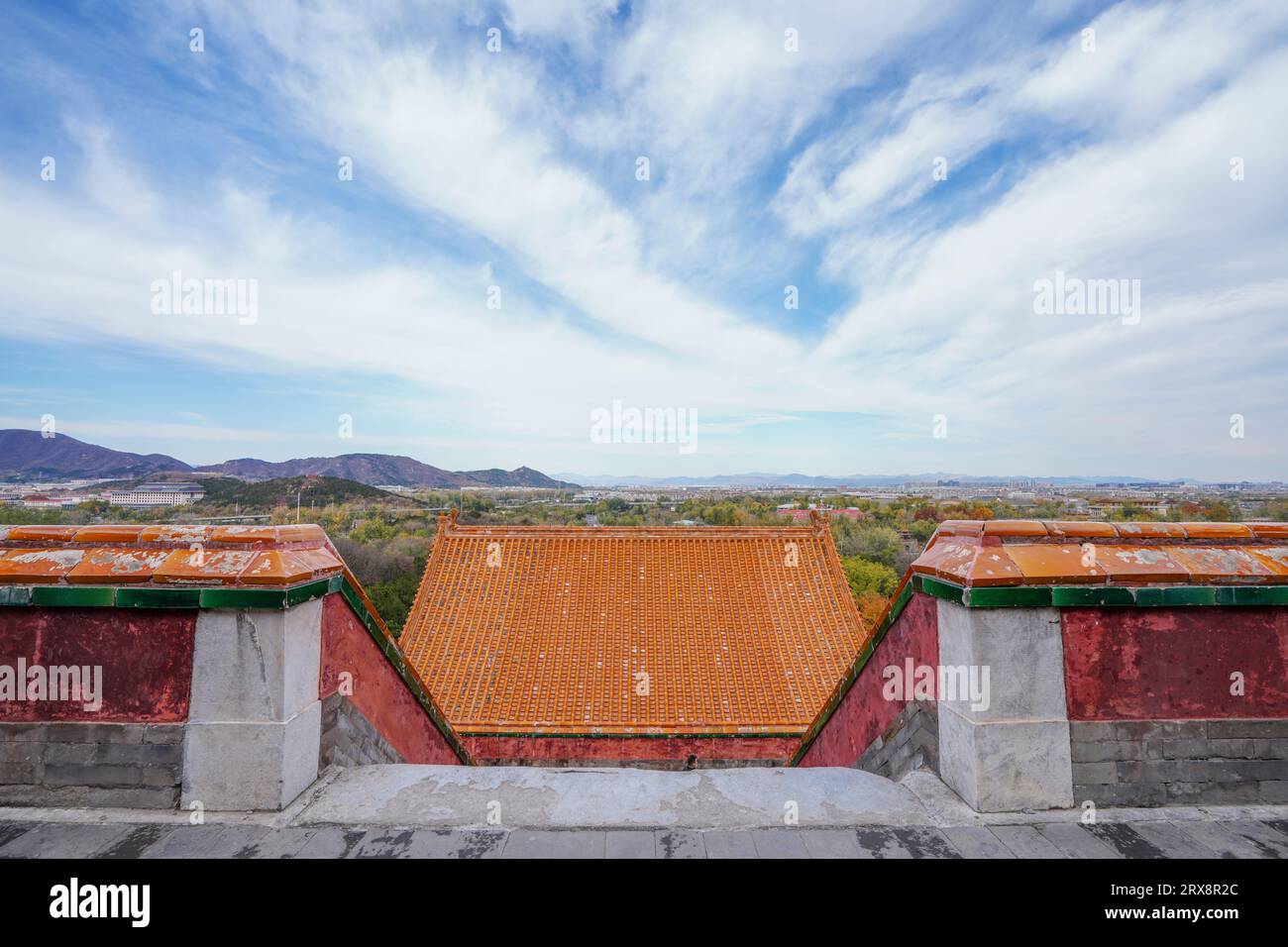 Yellow Chinese glazed roof tile on Tibetan architecture in Summer ...