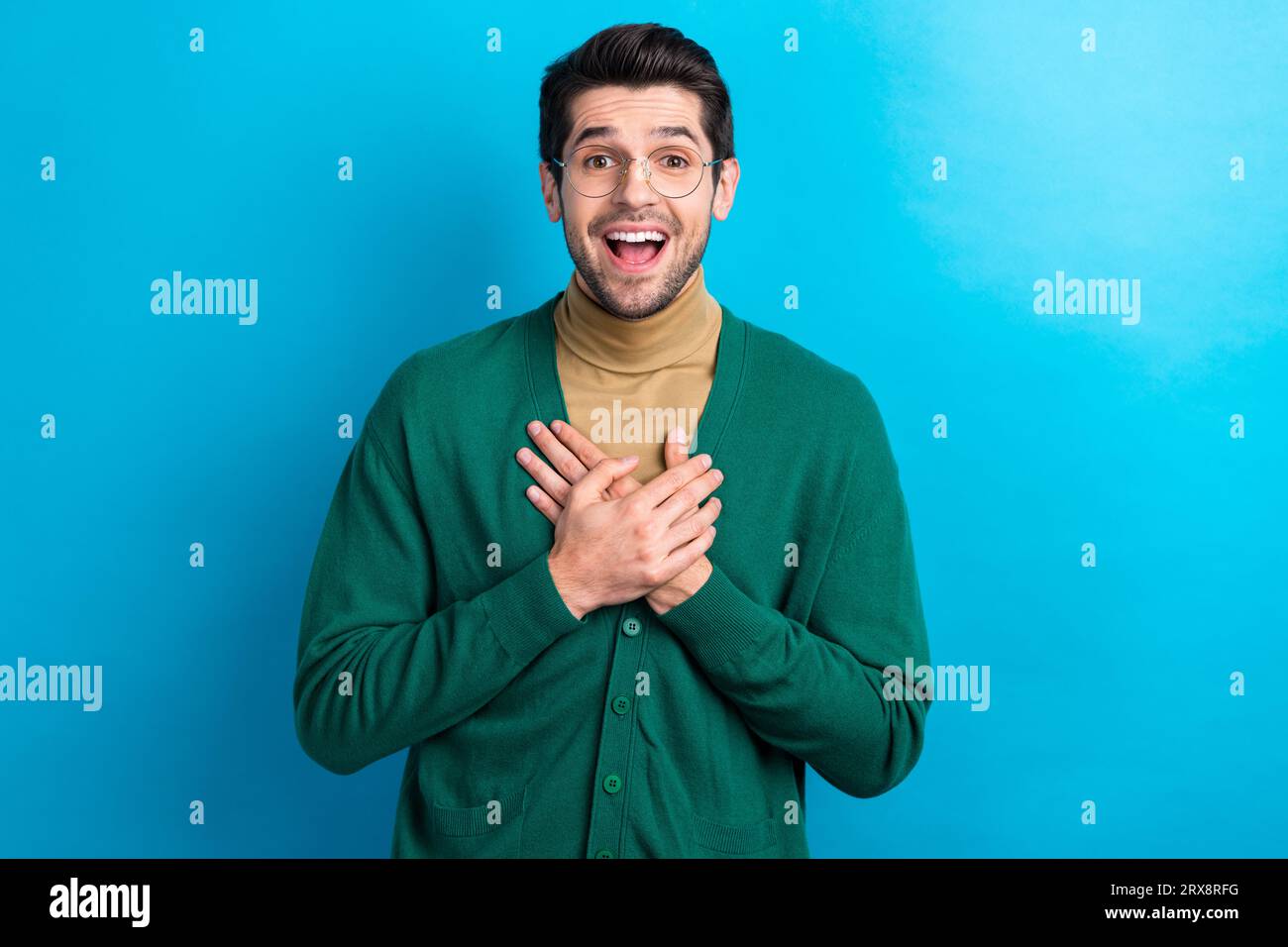 Photo of confident excited man wear green cardigan spectacles arms ...