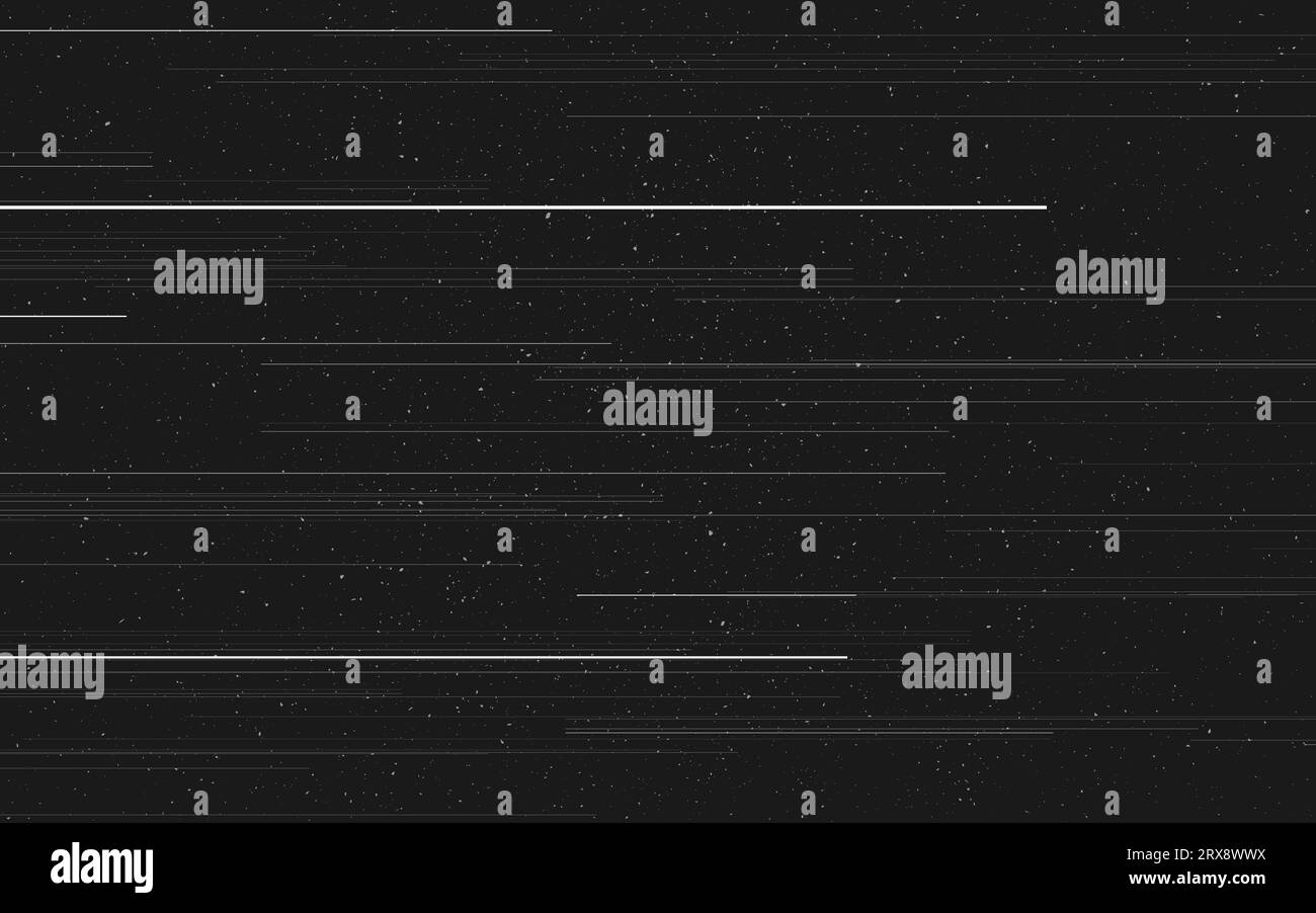 Glitch retro. Horizontal white lines. Grain effect on dark backdrop ...