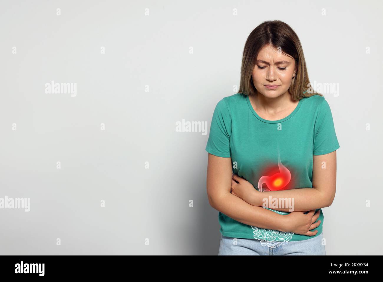 Healthcare service and treatment. Woman suffering from abdominal pain ...