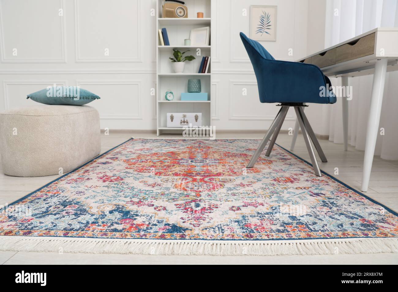 Stylish room with beautiful rug and furniture. Interior design Stock ...