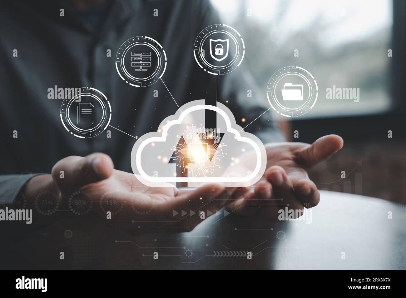Virtual screen with cloud computing diagram displayed by a man Stock ...