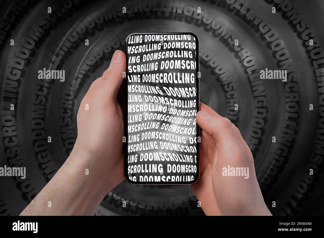 Doomscrolling concept. Man holding mobile phone with distorted words on ...