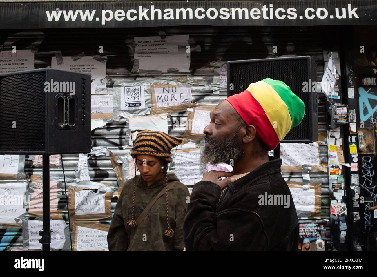 London, UK. 23rd Sep, 2023. People stand outside Peckham Cosmetics on ...