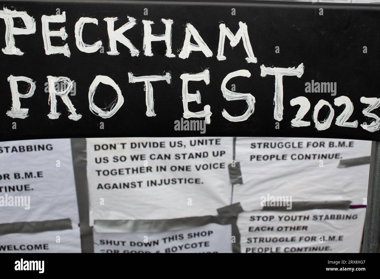 London, UK. 23rd Sep, 2023. Inscriptions seen on the wall outside Peckham Cosmetics during the ...