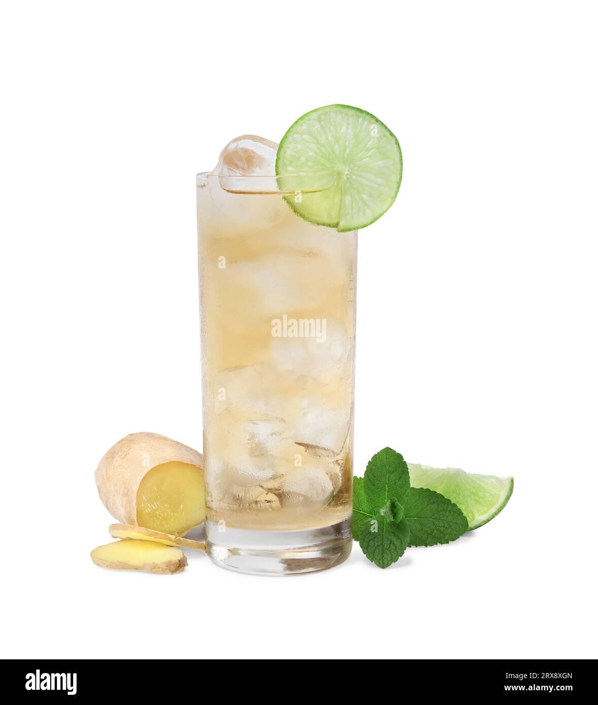 Glass of tasty ginger ale with ice cubes and ingredients isolated on white Stock Photo - Alamy