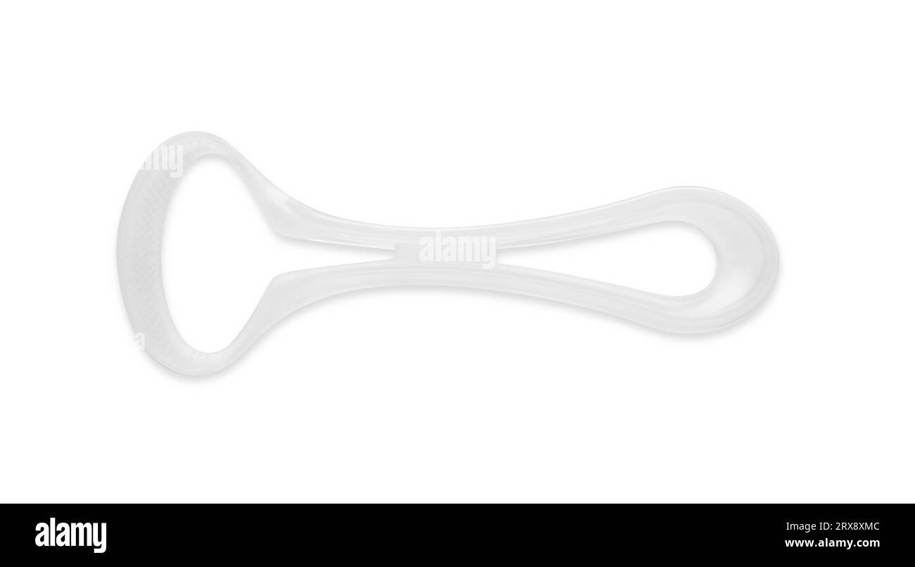 One plastic tongue cleaner isolated on white, top view. Dental care ...